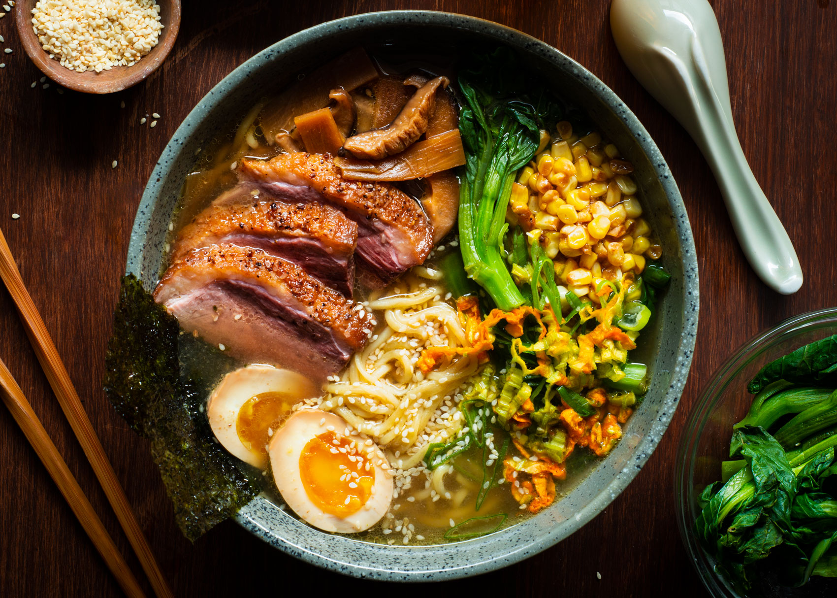 Miso Tahini Ramen with Seared Duck Breast - Rhubarb and Cod