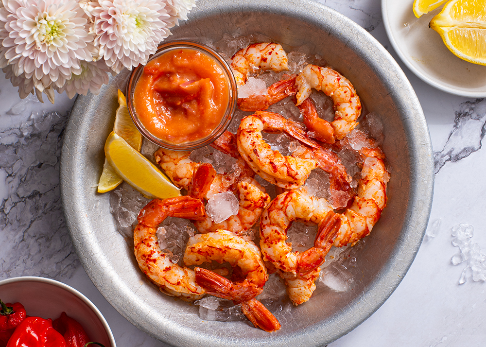 Poached Shrimp with Peach Habanero Hot Sauce - Rhubarb and Cod