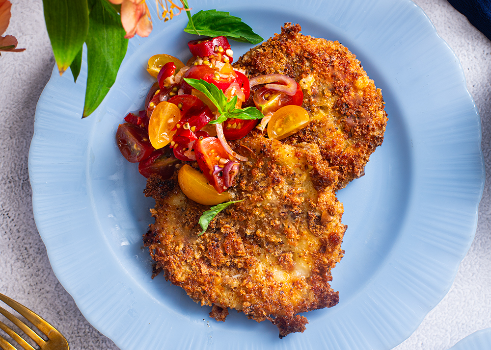 Mozzarella Schnitzel with Tomato Chili Salsa - Rhubarb and Cod